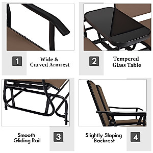 Giantex Patio Bench Glider Chair with Metal Frame, Center Tempered Glass Table, Outside Double Rocking Swing Loveseat for Porch, Garden, Poolside, Balcony, Lawn Rocker Outdoor Glider Bench(Brown)