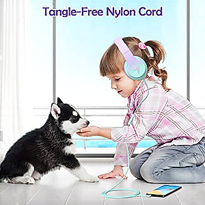 Kids Headphones, Wired Headphones for Kids Over Ear with Microphone, 85/94dB Volume Limiter Headphones for Girls Boys with Sharing Jack, Foldable Headphones for Online Study, Gradient Purple