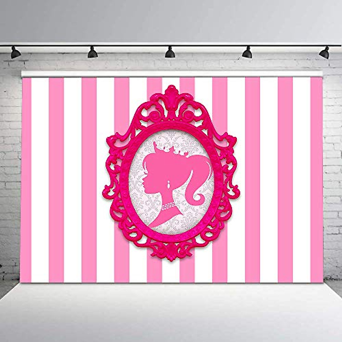 VIDMOT Pink White Stripes Backdrop Doll Head Photo Frame Glamour Girl Photography Background Christmas Party Decor 7x5ft Pink Party Backdrop Photo Booth Banner for Cake Table Supplies LSVV1009