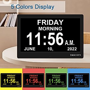 TROCOTN 10 Inches Calendar Clock Dementia Clock Large Display Alarm Clock with Auto DST for Seniors, 5 Display Modes Large Font Digital Clock with Custom Alarms Day Date Clock Wall Clock(Black)