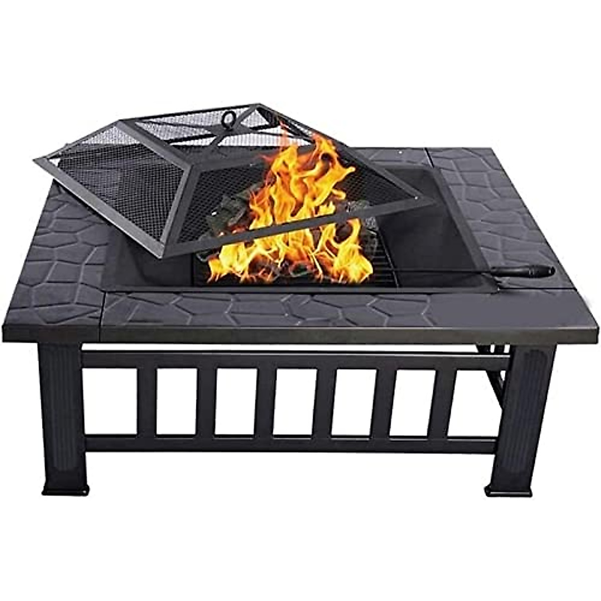 LEAYAN Garden Fire Pit 32in Outdoor Fire Pit Metal Square Firepit Portable Grill Barbecue Rack Wood Burning Backyard Patio Beaches Camping Picnic Bonfire Stove with Cover BBQ Cooking for Backyard