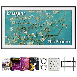 SAMSUNG QN32LS03CB 32 inch The Frame QLED HDR 4K Smart TV Bundle with Premiere Movies Streaming + 19-45 inch TV Wall Mount + 6-Outlet Surge Adapter + 2X 6FT 4K HDMI 2.0 Cable (2023 Model)