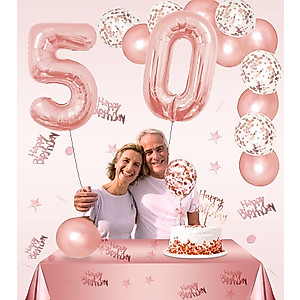 50th Rose Gold Birthday Party Decoration - Happy Birthday Banner, Glitter Circle Dot Garland Streamer, Cake topper, Foil Tablecloth, Rose Gold 50th Balloons, for Women Girl Birthday Party