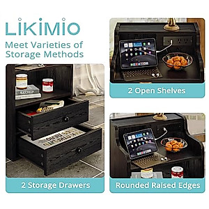 LIKIMIO Black Nightstand with LED Charging Station 2 Drawers and Storage Shelves, Left and Right Interchangeable Sockets Bed Side Table Night Stand with Drawer