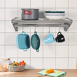 HALLY Stainless Steel Shelf Pot Rack with 9 S Hooks 12" x 62" Wall Mounted, NSF Commercial Floating Shelving for Storage Hanging Pots, Pans, cookware in Restaurant, Kitchen, Home and Hotel