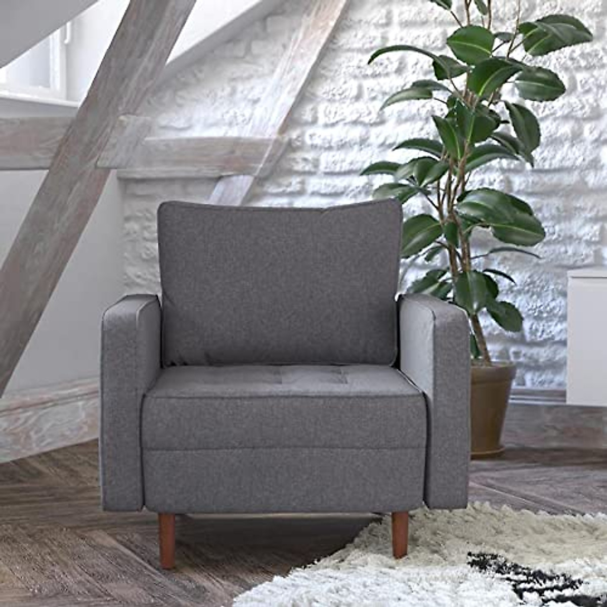 Flash Furniture Hudson Mid-Century Modern Commercial Grade Armchair with Tufted Faux Linen Upholstery & Solid Wood Legs, Set of 1, Dark Gray