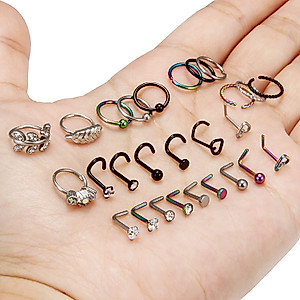 Kridzisw 18g Nose Rings Studs Hoops Piercing Jewelry 316L Stainless Surgical Steel L Shaped Screw Spiral Twist Hypoallergenic Heart Cute Nostril Ring Hoop for women Men Diamond 2mm 8mm