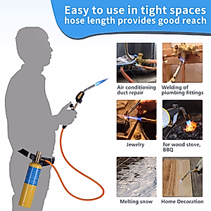 TAUSOM Propane Torch Hose Kit Mapp Gas Torch Heat 2860 ℉ Map Gas Torch Kit Trigger Start & Flame Adjustment, Soldering Welding Torch Fuel by MAPP, Map/Pro,Propane(Includes Cylinder Clip)