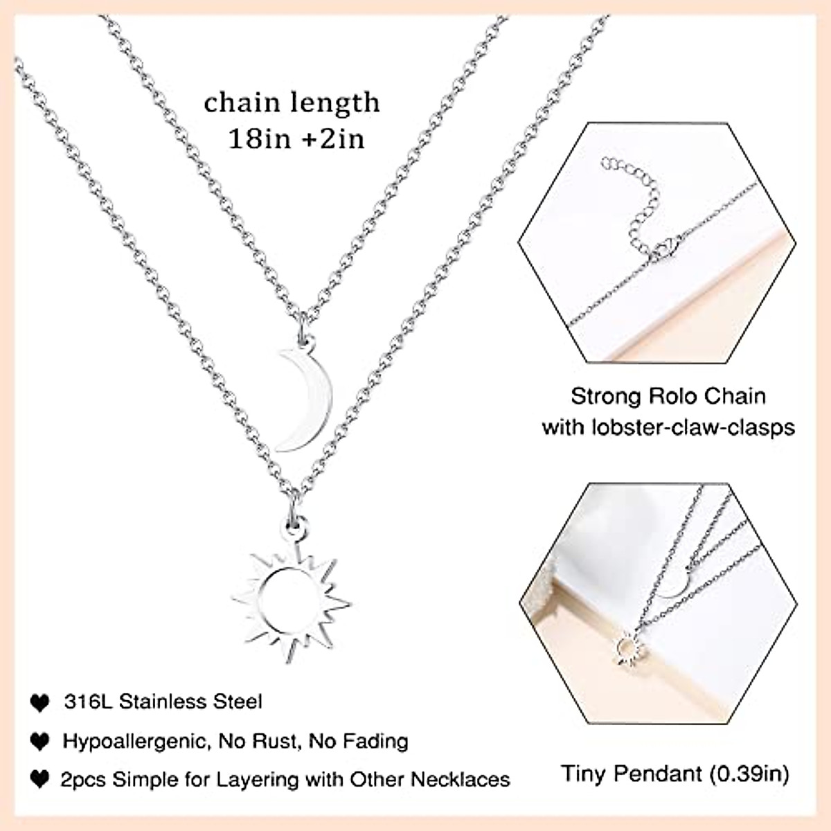 UNGENT THEM Best Friend Necklaces for 2, Sun and Moon Matching Friendship BFF Necklace Valentine's Day Christmas Gifts for 2 Teenage Teen Girls Friends Sisters Bestie Women