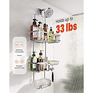 Amada Hanging Shower Caddy, Shower Caddy Over Shower Head, Rustproof Stainless Steel Shower Organizer with Soap Holder & Hooks, Shower Rack for Shampoo, Sponges, Towels, No Drilling Required, Silver