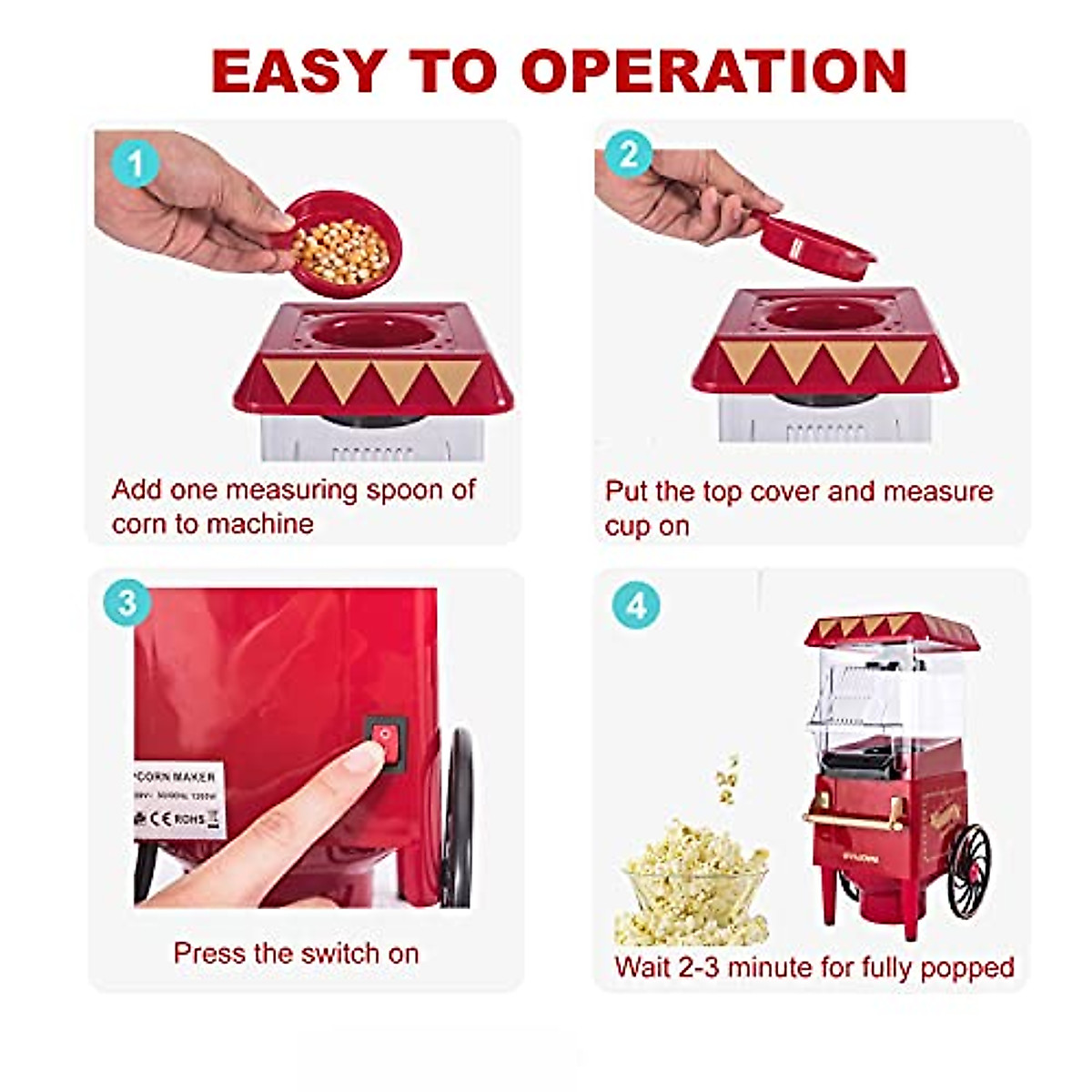 GVAKMM Retro Cart Popcorn Machine Hot Air Popcorn Maker Home Protable Popcorn popper Machine For Party Movie Night and Birthday Gift