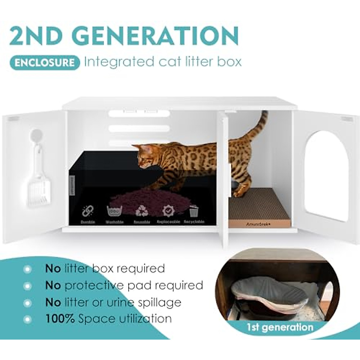 Amunrbrek Cat Litter Box Enclosure Furniture as End Side Table, Stackable Litter Box Furniture with Front-entry Cat Door (White)