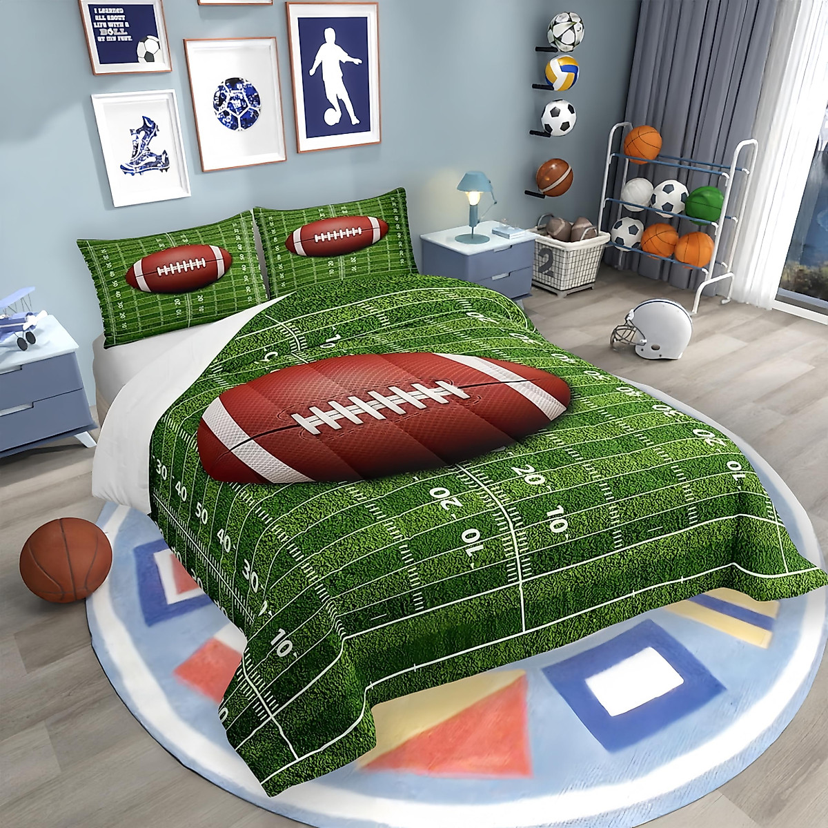 American Football Comforter Set Full,Football Field Abstract Bedding Set 3pcs for Kids Teens Boys Girls Adults Room Decor, Soccer Sport Game Quilt Set Green Brown Duvet Insert with 2 Pillowcases