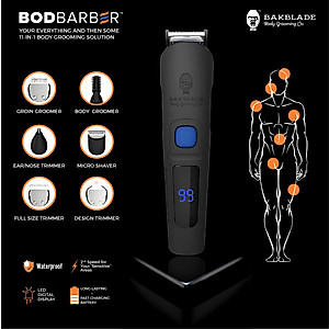 baKblade 11-in-1 Mens Grooming Kit for Manscaping - BODBARBER - Electric Beard Trimmer for Men, Groin Groomer, Body Groomer, Nose & Ear Groomer - Cordless & Waterproof Hair Clippers - Men Gift Set