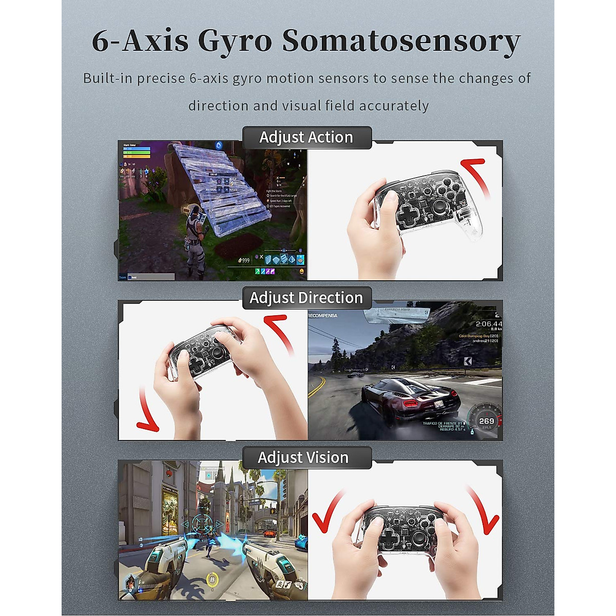 Switch Controller, Pro Controller for Switch/Switch Lite/Switch OLED, Adjustable Turbo, Vibration Motion, Gyro, Transparent