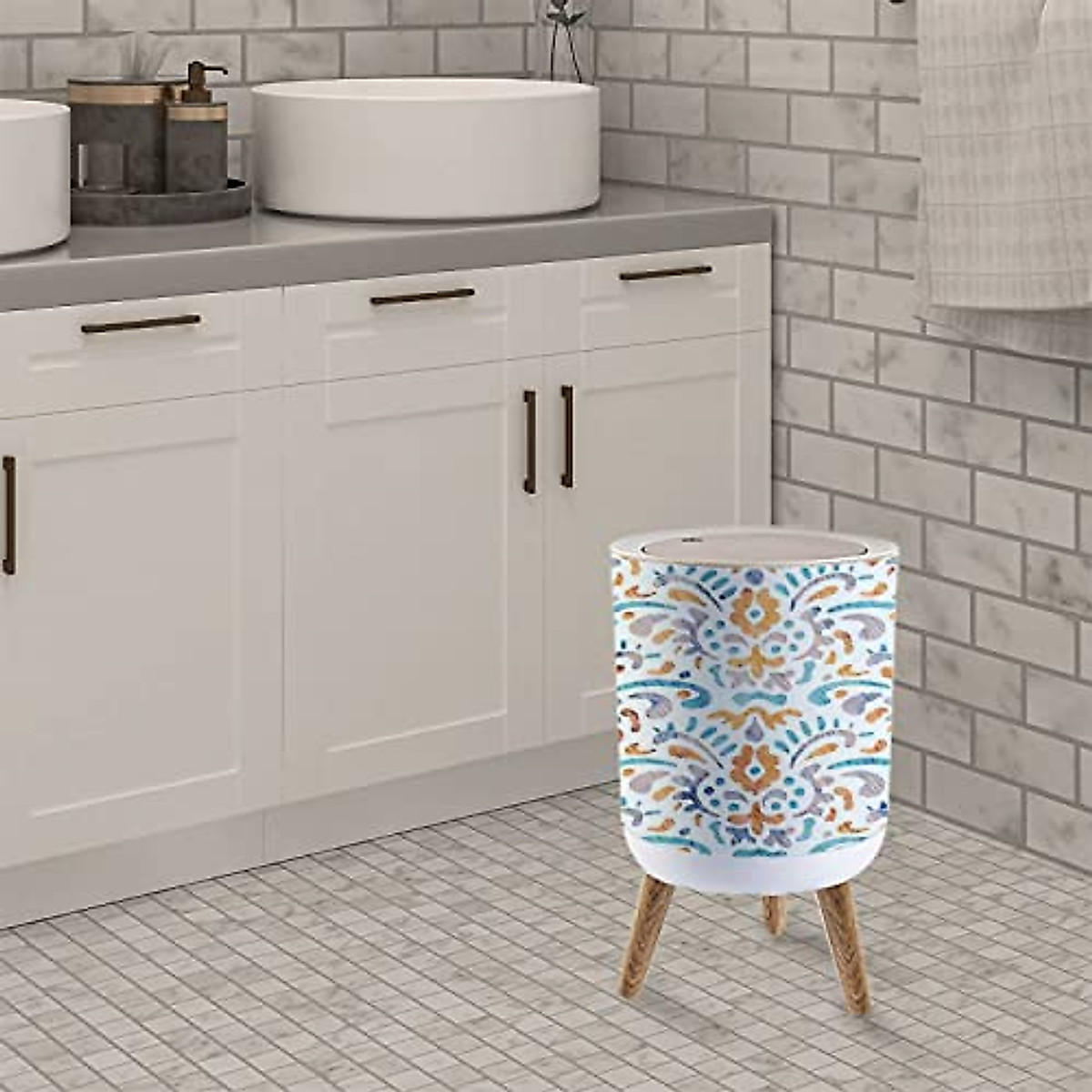 Small Trash Can with Lid Embroidered Seamless Bohemian Wavy Print Watercolor Texture on a White 7 Liter Round Garbage Can Elasticity Press Cover Lid Wastebasket for Kitchen Bathroom Office 1.8 Gallon