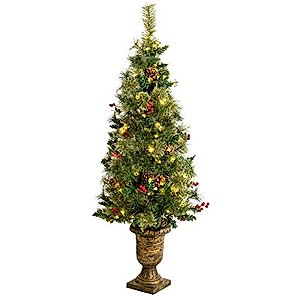 AsterOutdoor Pre-lit Christmas Tree 4ft Artificial Potted Fir with Lights Holly Berries Pine Cones Stands for Indoor Porch Table, Xmas Holiday Decoration, Easy Assembly
