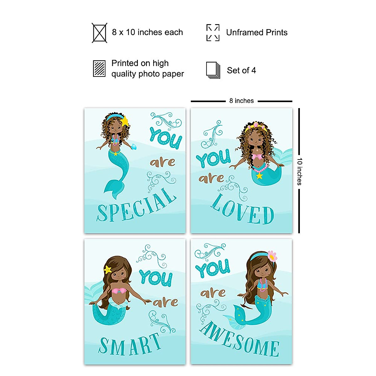 African American Girl Wall Decor - Black Art Poster Set 8x10 - Cute Mermaid Wall Decor - Toddler, Little Girls Bedroom Decor - Afro-American Gifts - Light Blue Room Decor Baby Girl Room Decorations