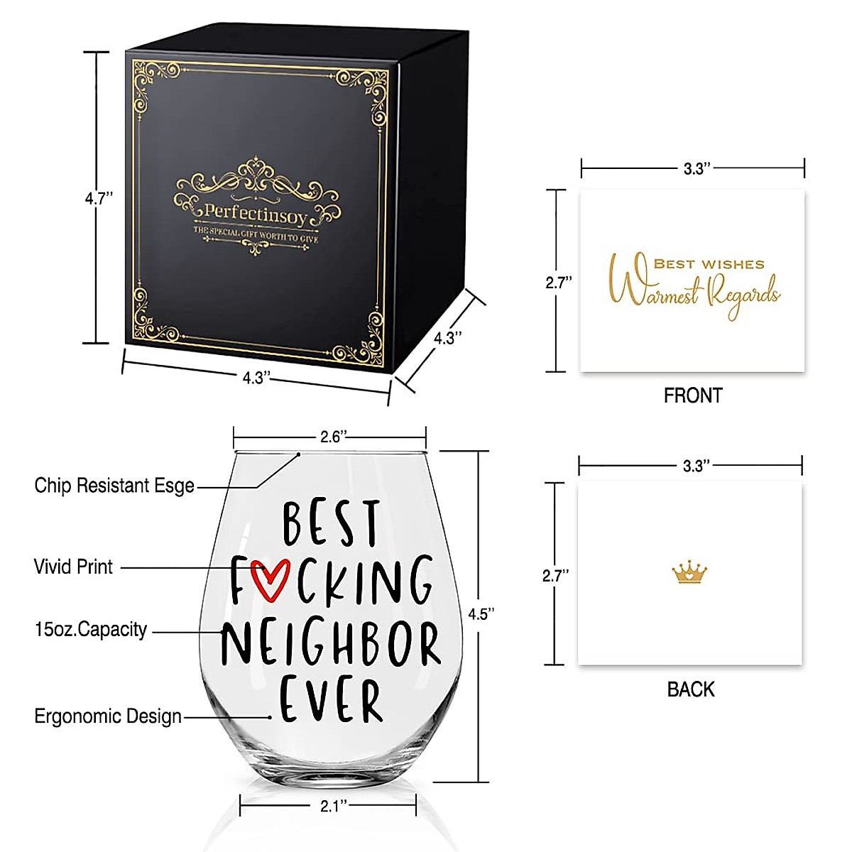 Perfectinsoy Best Neighbor Ever Wine Glass with Gift Box, Funny Novelty Neighbor Wine Glass, Housewarming Gift for Neighbor, New Home Owner, Friends, Women, Social Distancing Gift