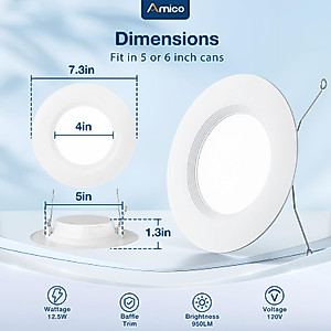 Amico 5/6 inch 5CCT LED Recessed Lighting 20 Pack, Dimmable, IC Rated, 12.5W=100W, 950LM Can Lights with Baffle Trim, 2700K/3000K/4000K/5000K/6000K Selectable, Retrofit Installation - ETL & FCC