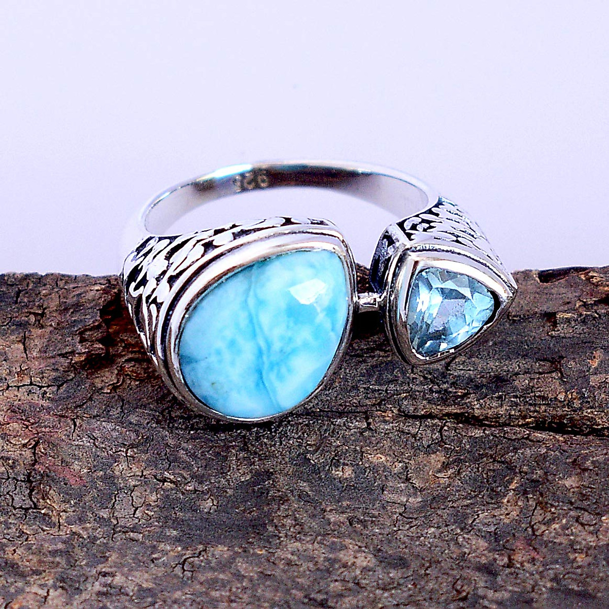 Ravishing Impressions Larimar & Blue Topaz Gemstone 925 Solid Sterling Silver Ring Beautiful Handmade Jewellery Birthday Gift