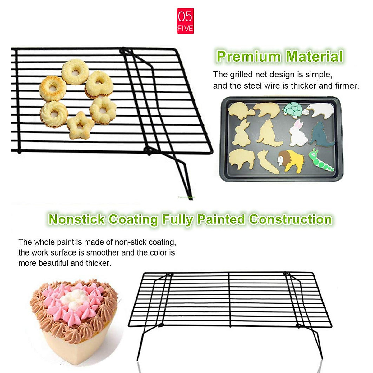 3 Tier Non Stick Cake Cooling Rack - Oven Safe, Heat Resistant, Space Saving Stackable Wire Tray with Collapsible Legs for Roasting, Cooking, Grilling, Drying, Plus Multi-use Basting Brush, 10x16 in