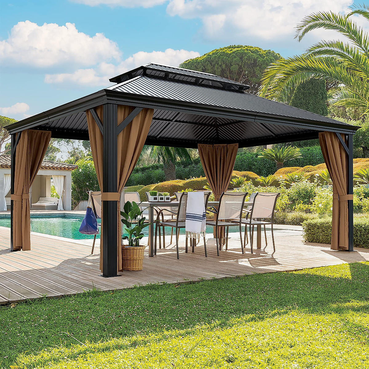 Flamaker Hardtop Gazebo Aluminum Frame Outdoor Gazebo with Privacy Curtains and Gauze Mesh Sunshade Pavilion Double Roof Canopy for Patio, Deck, Poolside (Aluminum Roof, 12' x 16')