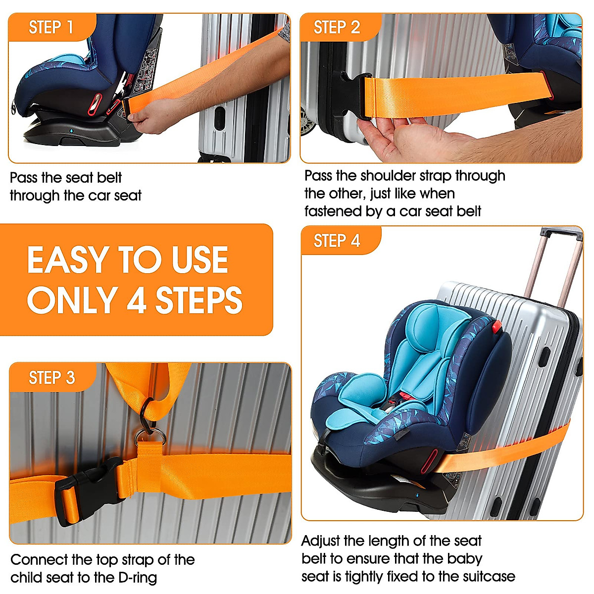 2 Pieces Car Seat Travel Belt, Adjustable Car Seat Travel Strap to Convert Kid Car Seat, Luggage into Airport Car Seat Stroller & Carrier Belt Safe Travel Solution (Orange)