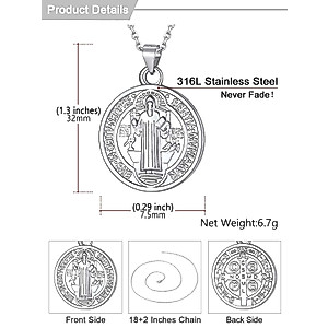 U7 Men Women St Benedict Necklace 925 Sterling Silver Round Medal Protect Saint Nursia Benedict Pendant and Chain 18 Inch