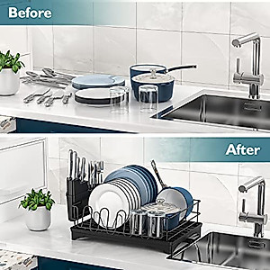 YASONIC Dish Drying Rack with Drainboard Small Stainless Steel Dish Drainer with Swivel Spout - Dish Racks for Kitchen Counter- Rustproof Dish Rack with Removable Utensil Holder - Black