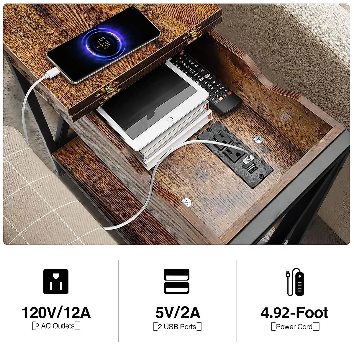 TooCust End Tables Living Room with Charging Station, Flip Top Side Table with USB Ports and Outlets, Couch End Tables, Narrow End Tables with 5.5" Deep Flip Top Drawer(11.2" D x 24" W x 24" H)
