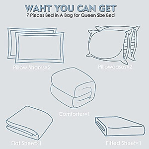 Queen Comforter Set 7 Pieces Bed in a Bag, Full/Queen Reversible Bed Set with Comforter, Flat Sheet, Fitted Sheet, Pillowcases & Shams, Black and Grey Bedding Sets for Queen Size Bed