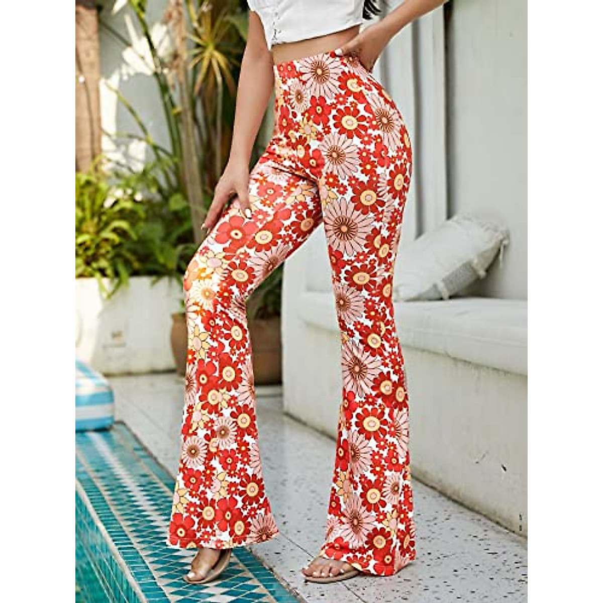 OYOANGLE Women's Floral Print High Waist Yoga Pants Wide Leg Pants Bell Bottom Trousers Multicolor Flower S