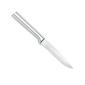 Rada Cutlery Serrated Steak Knife Set Stainless Steel Knives with Brushed Aluminum, Set of 4, 7 3/4, Silver Handle