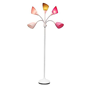 Simple Designs LF2006-WPG 67" Contemporary Multi Head Medusa 5 Light Adjustable Gooseneck White Floor Lamp with Pink, White, Gray Shades for Kids Bedroom Playroom Living Room Office, 30 x 10 x 67