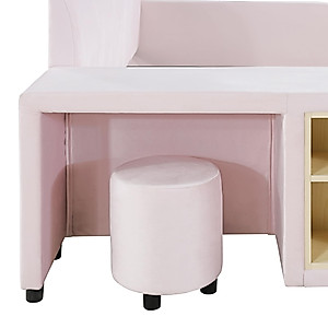 Merax Full Size Upholstered Grounded Bed, Mother & Child Bed with Bedside Desk and Little Round Stool, Velvet, Pink