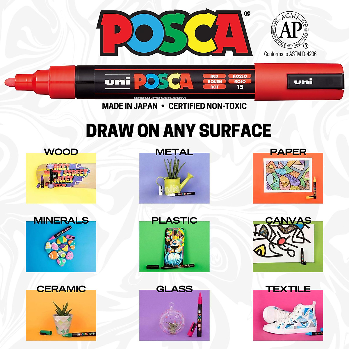 Posca Full Set of 8 Acrylic Paint Pens with Reversible Fine Point Pen Tips, Paint Markers for Rock Painting, Fabric, Glass / Metal Paint, and Graffiti
