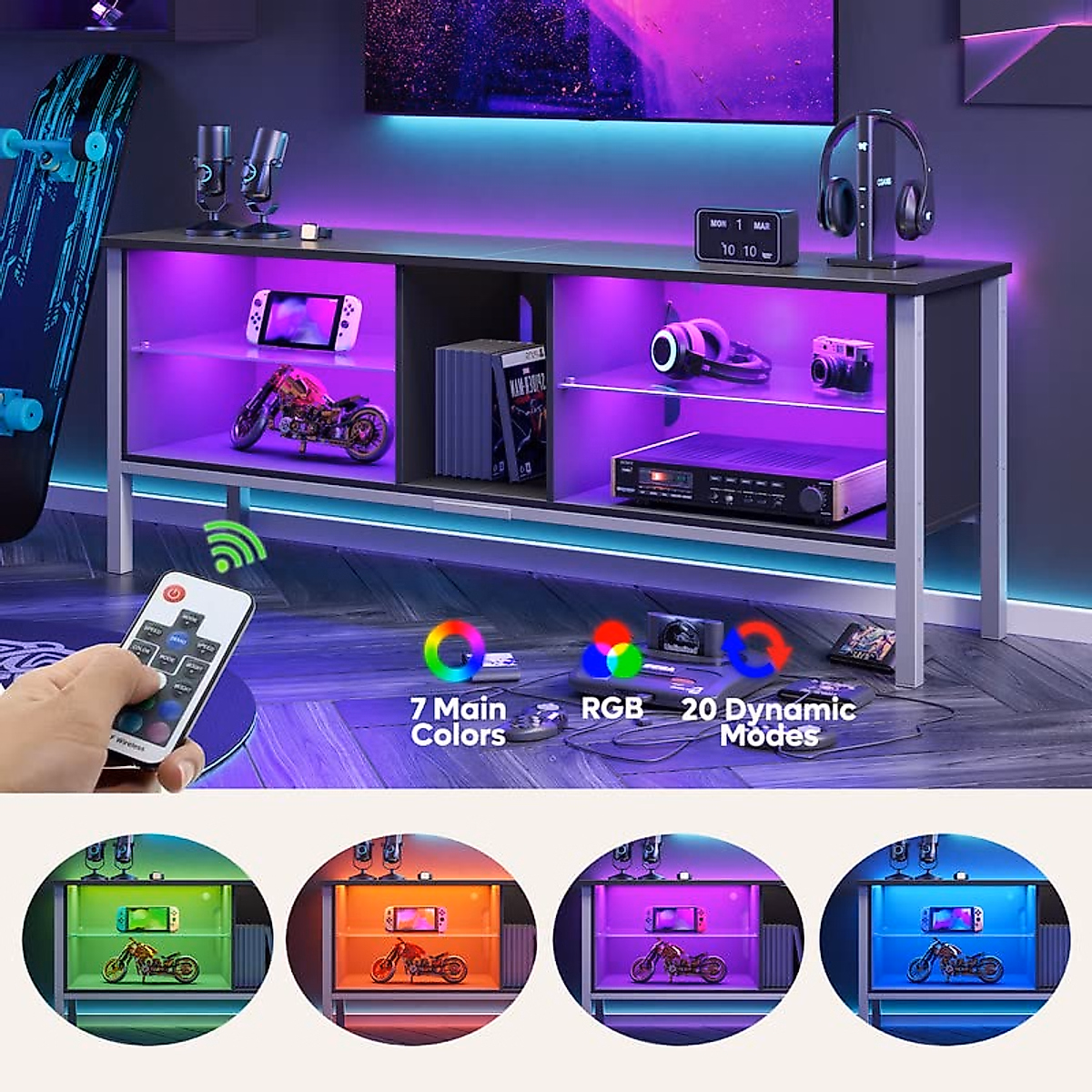 Bestier Gaming Entertainment Center for 65+ Inch TV with LED Lights & Adjustable Glass Shelves, Modern TV Stand Media Console, Fits TVs up to 75 Inch, Black Carbon Fiber Ideal for Living Room