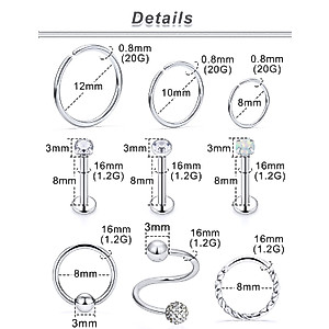 Ocptiy 16G Cartilage Tragus Helix Rook Daith Conch Earrings Studs Hoop Piercing Jewelry 16 Gauge Stainless Surgical Steel Silver Labret Monroe Medusa Lip Rings Stud Piercing Jewelry diamond Women Men