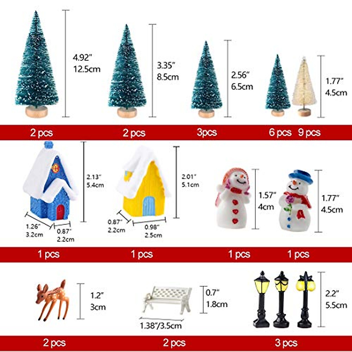 PLULON 33Pcs Mini Christmas Village Accessories, Christmas Trees Bottle Brush Trees with Miniature Christmas Ornaments Snowman, Mini Garden Street Lamps, Deer for Winter Holiday Village Decorations