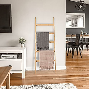 SIMEFUL 5 ft Blanket Ladder,Blanket Display Rack, Farmhouse Blanket Holder,Wall Leaning Ladder Shelf,Bamboo Towel Rack,Decorative Quilt Stand for Living Room, Bathroom, Bedroom