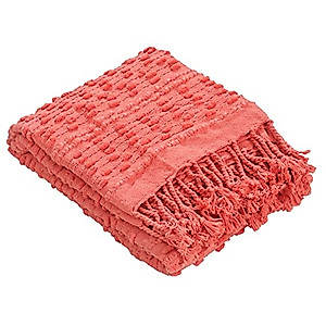 ACCENTHOME Cotton Throw Blanket with Tufted Decorative Design | 50''X60'' Cozy Chenille Knit Lightweight Boho Chic Blankets | Coral Soft Fringe Tassel Blankets for Couch, Bedroom, Living Room Sofa