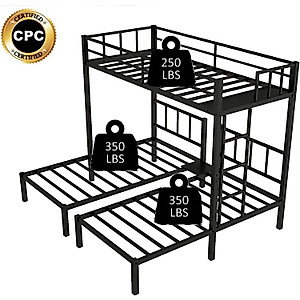 Black Metal Triple Bunk Beds Frame, Twin Over Twin & Twin Bunk Bed with Guardrails, Can Be Separated into 3 Twin Beds for Kids, Teens, Adults, No Box Spring Needed