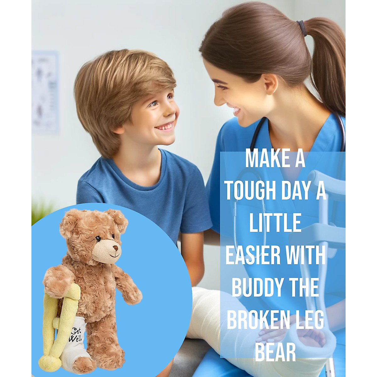 Jolitee Recovery Bear Gifts for Kids and Adults, Teddy Broken Arm Broken Leg, Get Well Stuffed Animal Teddy Bear with Left or Right Arm Cast Sling 10.5 inches (Broken Leg Teddy Bear)