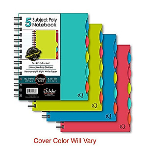 iScholar 5 Subject Poly Cover Double Wire Notebook, 8.35 x 6 Inches, Cover Color May Vary (58615)160 Sheets , Assorted
