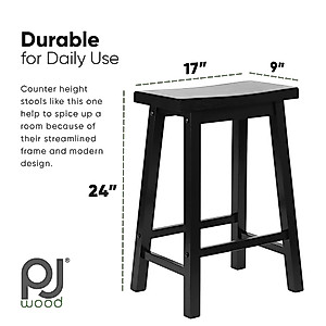 PJ Wood Classic Modern Solid Wood Backless Saddle Seat, 24 Inches Tall Easy Assemble Counter Stool with Durable Construction, Black (2 Pack)