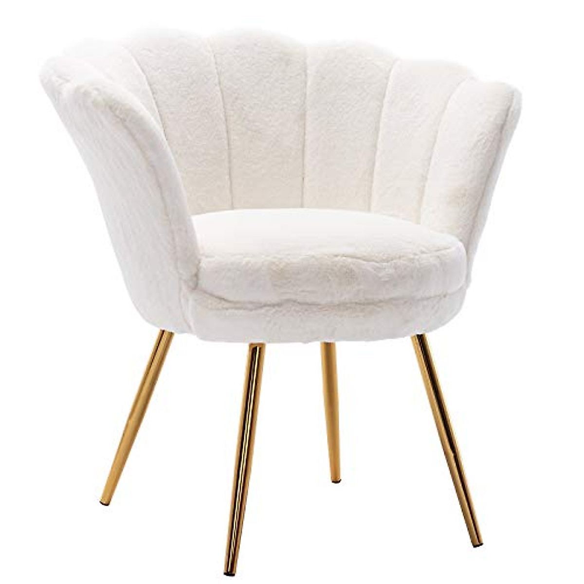 Plush Faux Fur Upholstered Living Room Chair, Comfy Mid-Century Modern Micro Fiber Vanity Chair with Gold Legs, Retro Accent Barrel Dining Chair, White