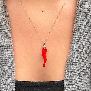 JewelryWeb - Sterling Silver Red Enamel Italian Horn Pendant - 33mmx7mm - Good Luck Amulet Necklace - Italian Horn Necklace for Women Teens
