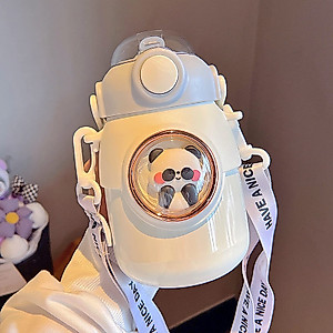 Cute Thermos Cup 700ml for Baby,Kid and Lady,Insulated Water Bottle with Straw Hanging Rope,Stainless Steel Coffee Vacuum Thermos Bottle Keep Drinks Hot or Cold for Travel,School,Offic White 700ML