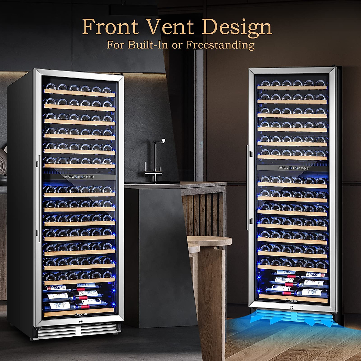 AAOBOSI 24 Inch Wine Cooler Dual Zone, 154 Bottles Wine Refrigerator Built in or Freestanding Wine Fridge 40°F-65°F with Intelligent Temperature Control-Memory Function-Powerful Compressor-Quiet